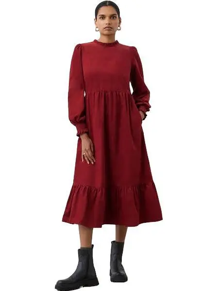 FINERY LONDON Esme Long Sleeve Corduroy Midi Dress - Rust