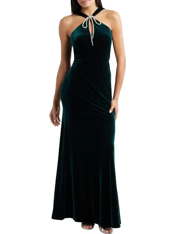 Eliza J Velvet Halter Neck Trumpet Gown - Hunter