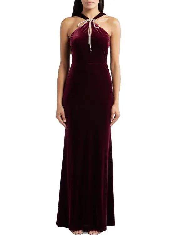 Eliza J Velvet Halter Neck Trumpet Gown - Wine