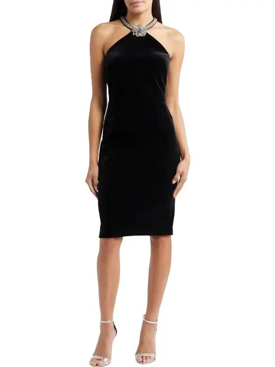 Eliza J Velvet Cocktail Dress With Crystal Flower - Black