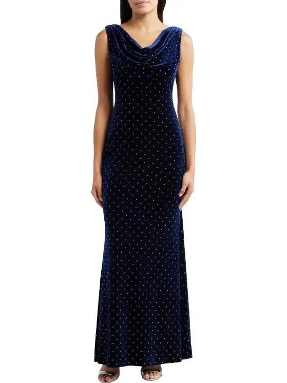 Eliza J Cowl Neck Sleeveless Velvet Gown - Navy