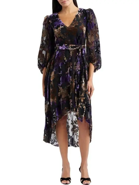 Eliza J Floral Burnout Velvet Midi Dress - Black Plum