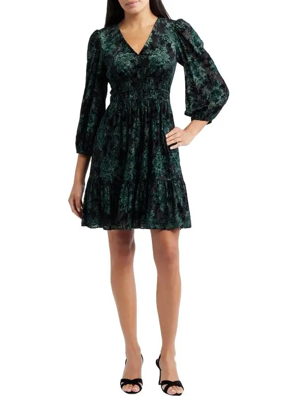 Eliza J Velvet Floral Long Sleeve Dress - Hunter