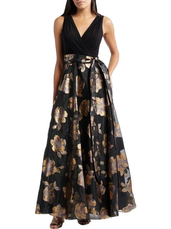 Eliza J Floral Metallic Sleeveless Mixed Media Ballgown - Black Gold