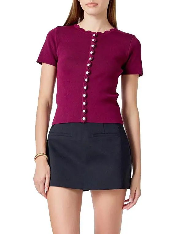 Endless Rose Scallop Accent Button-front Knit Top - Plum