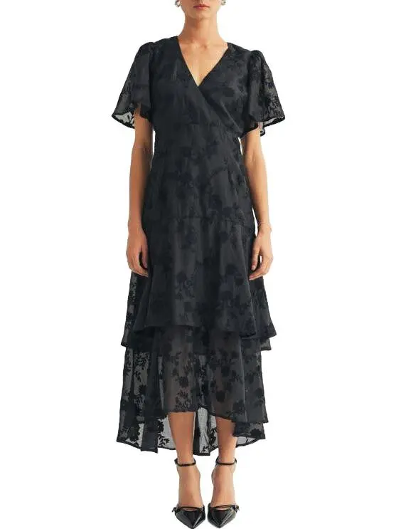 AROSE STUDIO Londyn Flutter Sleeve Gown - Black Floral
