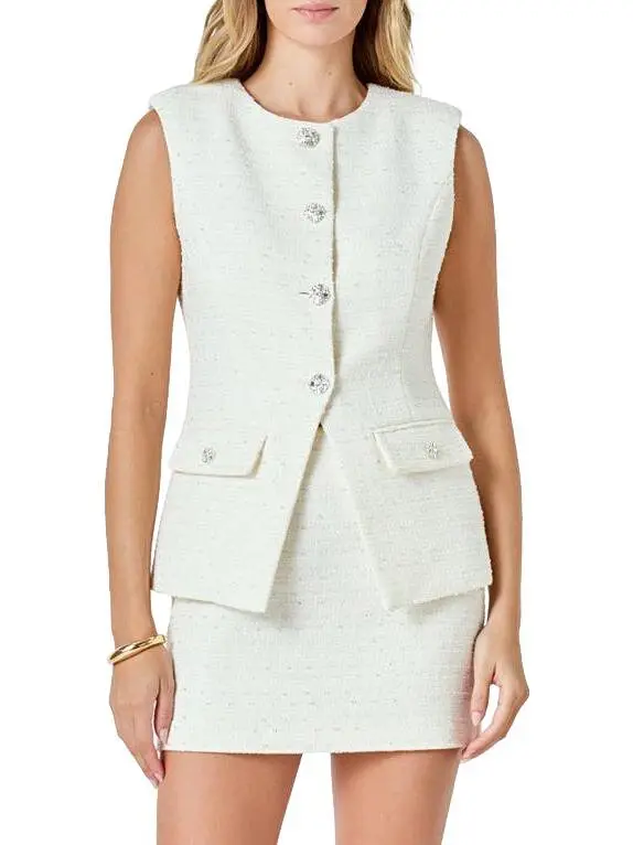 Endless Rose Jewel Button Tweed Vest - Cream