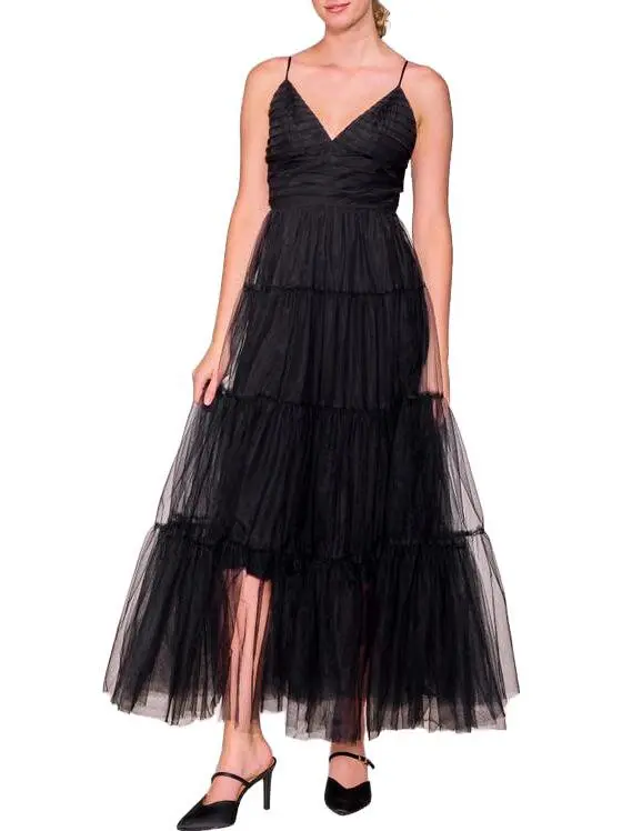 MELLODAY Sleeveless Tiered Tulle Gown - Black