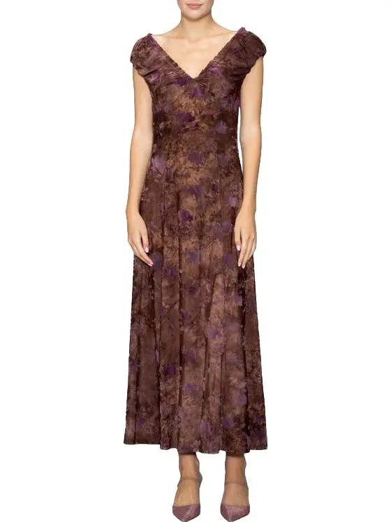 MELLODAY Floral Print Velvet Maxi Dress - Brown Abstract
