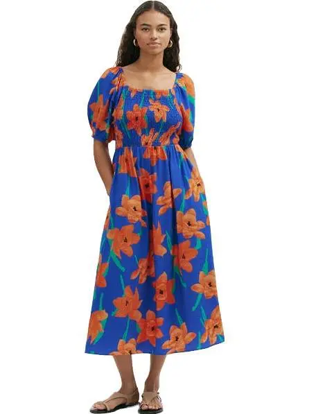 FINERY LONDON Enzo Short Sleeve Floral Midi Dress - Blue Floral