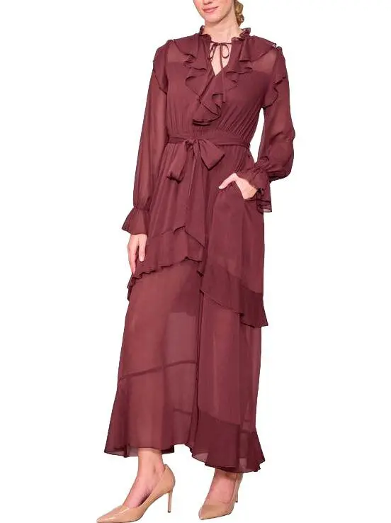 MELLODAY Ruffle Detail Tie Waist Maxi Dress - Maroon