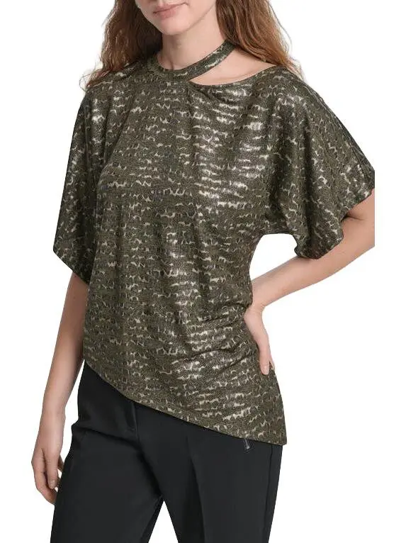 Dkny Foil Print Cutout Top - Olive Cheetah