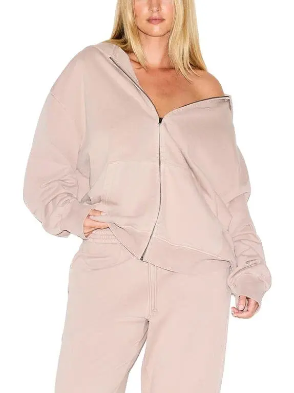 SKIMS Boxy Zip-up Fleece Hoodie - Light Fawn