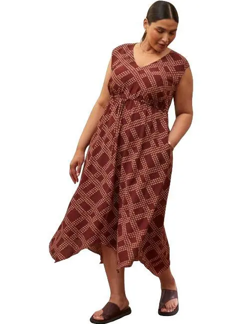 LIVE UNLIMITED Geo Print V-neck Hanky Hem Dress - Brown