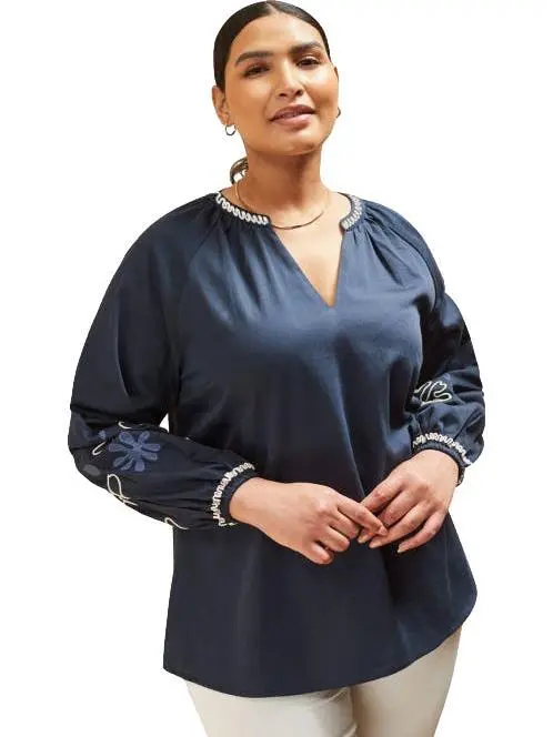 LIVE UNLIMITED Embroidered Long Sleeve Blouse - Blue