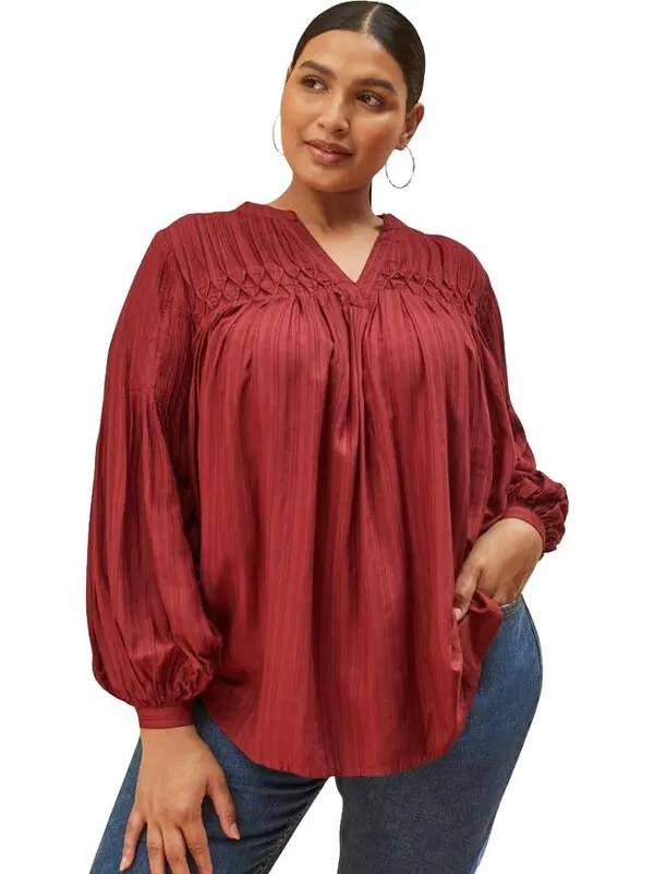 LIVE UNLIMITED Long Sleeve Pintuck Blouse - Oxblood