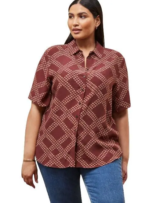 LIVE UNLIMITED Geo Print Short Sleeve Shirt - Brown