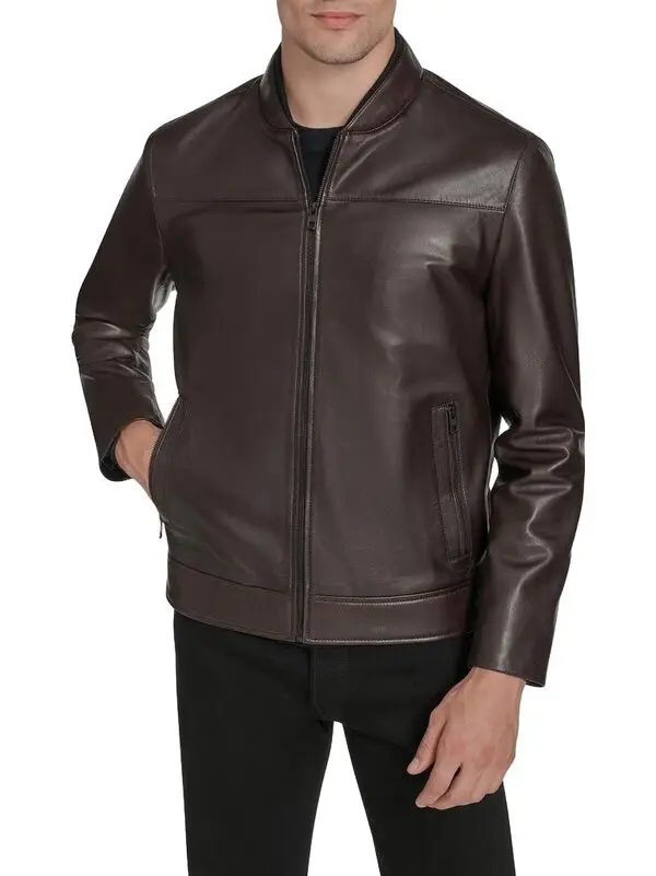Andrew Marc Fine Grain Lambskin Leather Bomber Jacket - Dark Brown