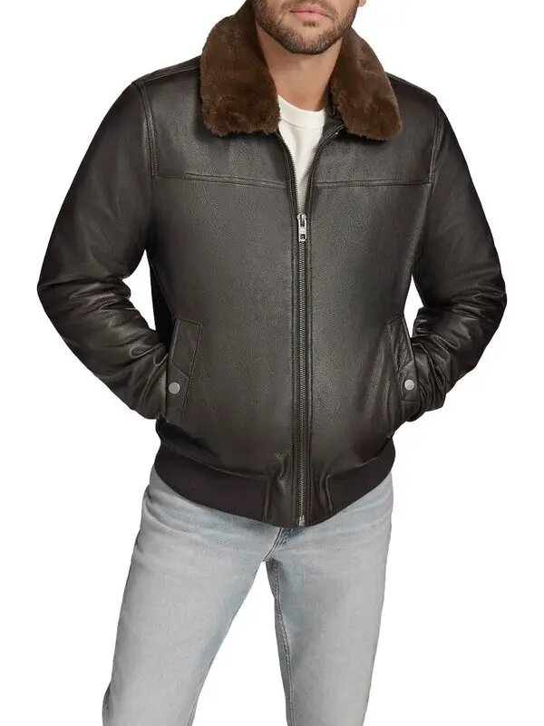 Andrew Marc Hedland Shearling Collar Lambskin Leather Aviator Jacket - Black