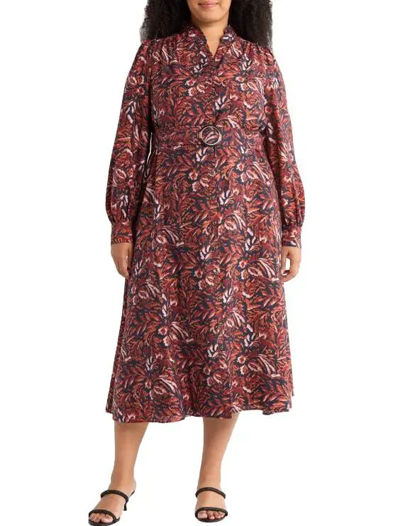 Caslon Floral Print Long Sleeve Shirt Dress - Navy- Rust Ikat Blossom