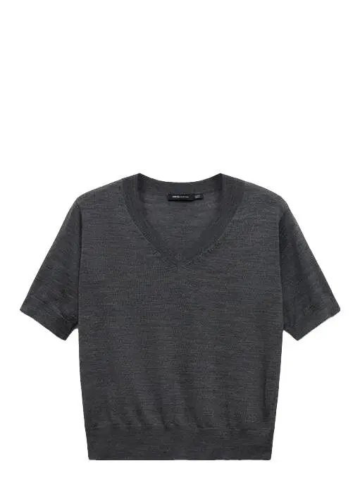 Mango V-neck Short Sleeve Wool Sweater - Medium Heather Grey