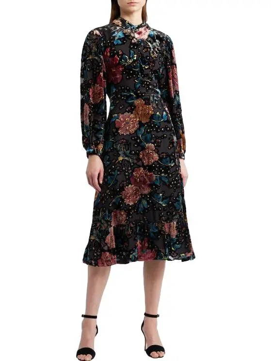 Elie Tahari Becca Long Sleeve Floral Velvet Burnout Midi Dress - Black/birds Of Paradise