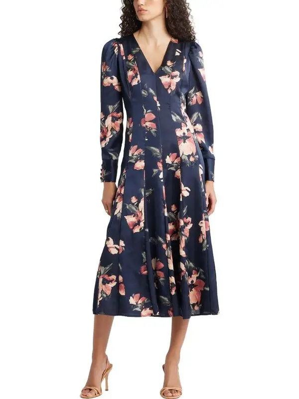 Chelsea28 Long Sleeve Satin Midi Dress - Navy- Pink Morning Flower