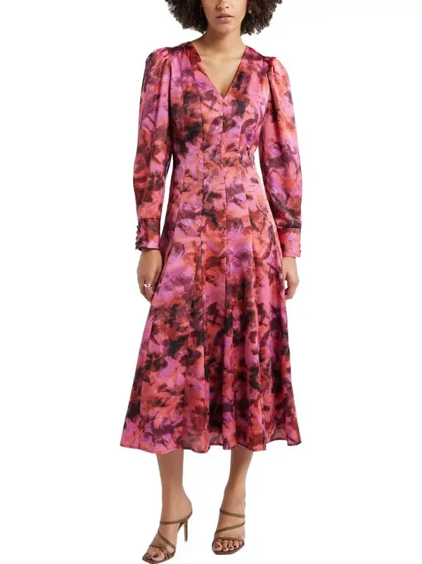 Chelsea28 Long Sleeve Satin Midi Dress - Pink Magnolia Bloom