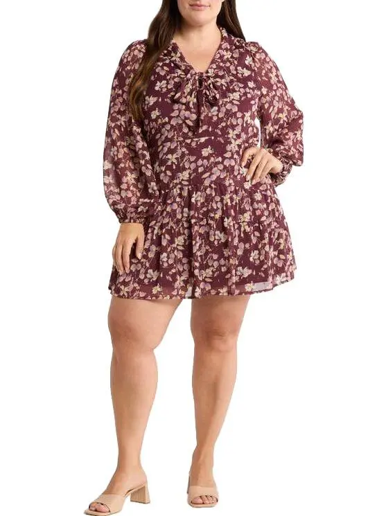 Chelsea28 Tie Neck Tiered Minidress - Burgundy- Pink Maple Floral