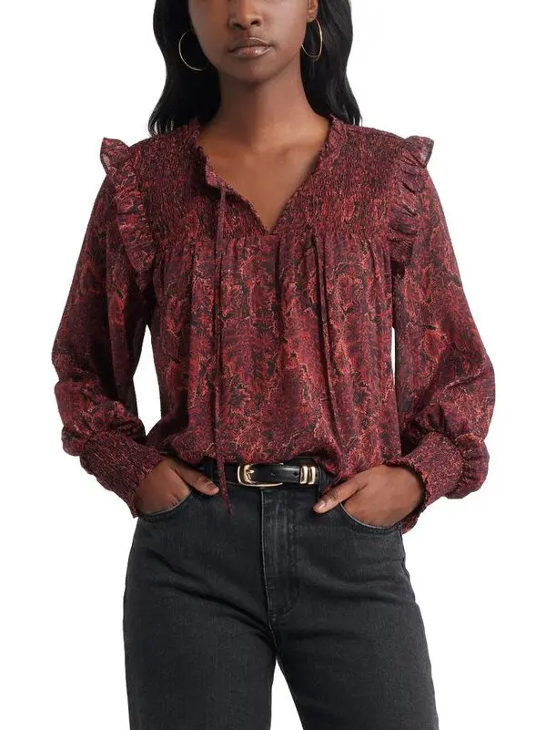 Treasure & Bond Smock Yoke Floral Print Top - Black- Red Gemma Medallion