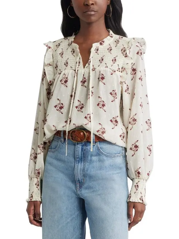 Treasure & Bond Smock Yoke Floral Print Top - Ivory- Burgundy Batik Floral