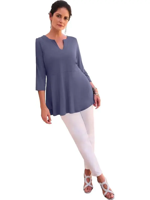 JESSICA LONDON Stretch Knit Henley Notch Babydoll Tunic - Deep Dusk