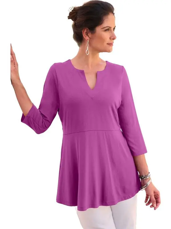 JESSICA LONDON Stretch Knit Henley Notch Babydoll Tunic - Deep Orchid