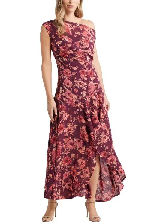 Chelsea28 Off-the-shoulder Evening Dress - Burgundy- Pink Dahlia Floral