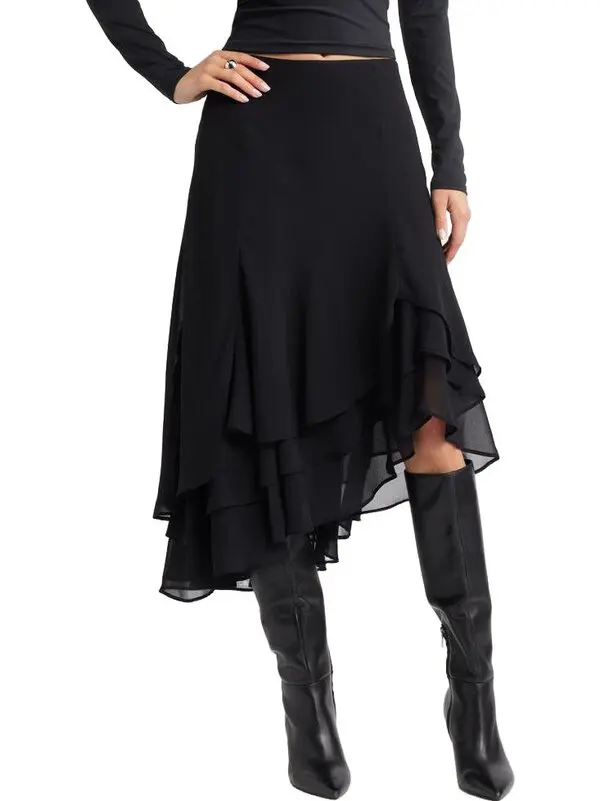 OPEN EDIT Layered Asymmetric Chiffon Midi Skirt - Black