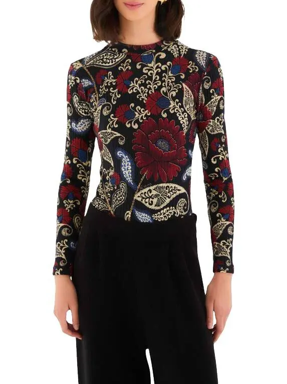 Farm Rio Valentina Floral Paisley Long Sleeve Stretch Cotton Bodysuit - Valentina Black