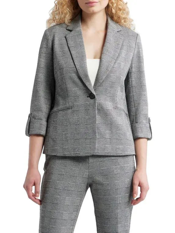 Anne Klein Windowpane Plaid Roll-tab Sleeve Jacket - Anne Black/white Dov