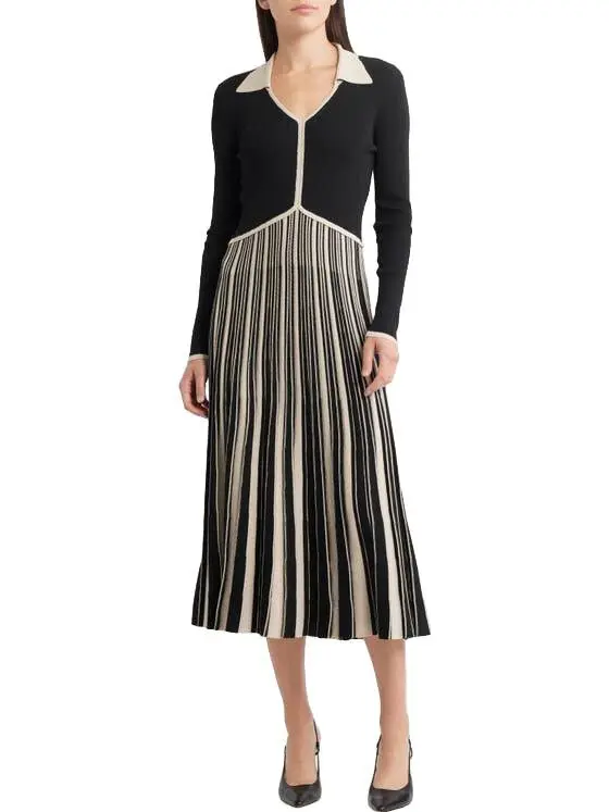 ZOE AND CLAIRE Striped Pleated Sweater Dress - Black/ivory