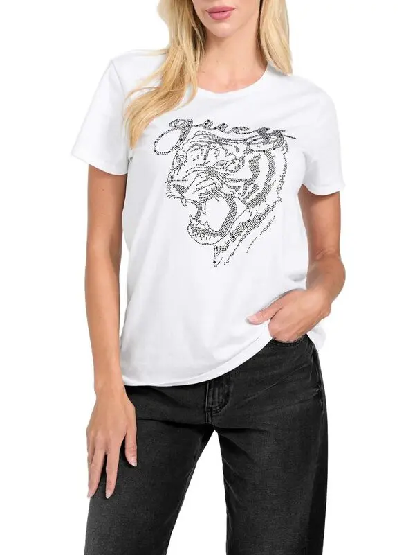 Guess Embellished Tiger Face Organic Cotton T-shirt - White