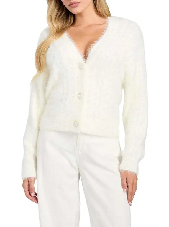 Guess Button Detailed Fuzzy Knit Cardigan - White
