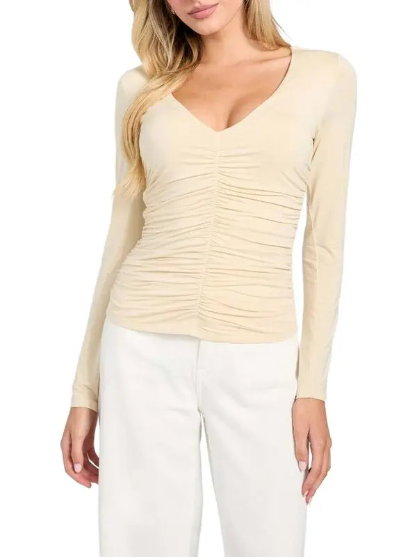 Guess Ruched Long Sleeve Jersey Top - Beige
