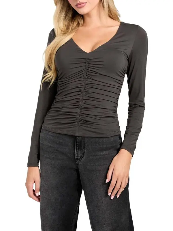 Guess Ruched Long Sleeve Jersey Top - Medium Grey