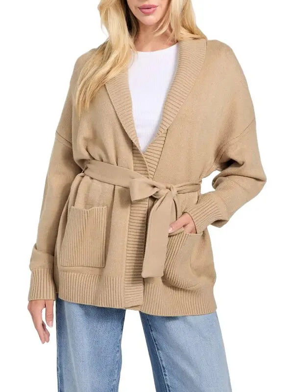 Guess Belted Shawl Collar Cardigan - Beige
