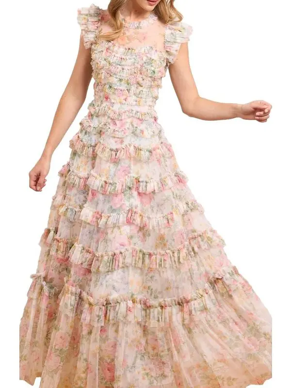 NEEDLE & THREAD Pompadour Garden Round Neck Gown - Moonshine