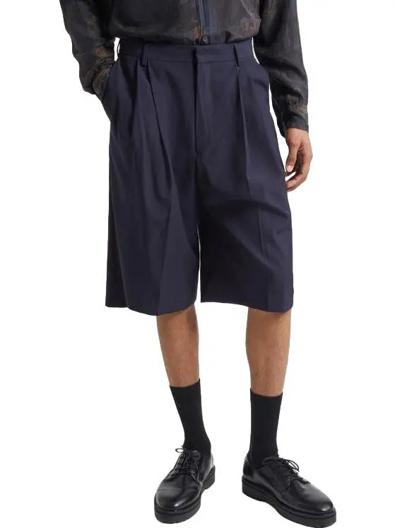 Dries Van Noten Panrom Pleated Wool Bermuda Shorts - Navy
