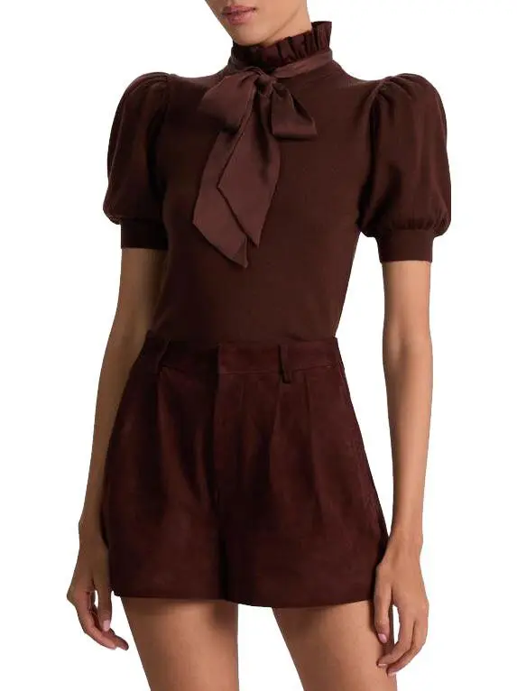 Alice + Olivia Chase Ruffle Tie Neck Stretch Wool Sweater - Dark Chocolate