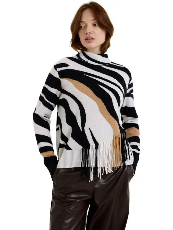 BRODIE CASHMERE Zebra Fringe Cashmere Sweater - Organic White
