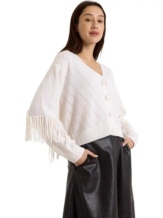 BRODIE CASHMERE Ashley Fringe Cashmere Cardigan - Organic White