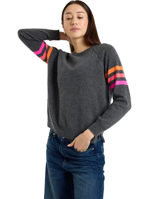 BRODIE CASHMERE Annie Stripe Crew Neck Cashmere Sweater - Derby Grey