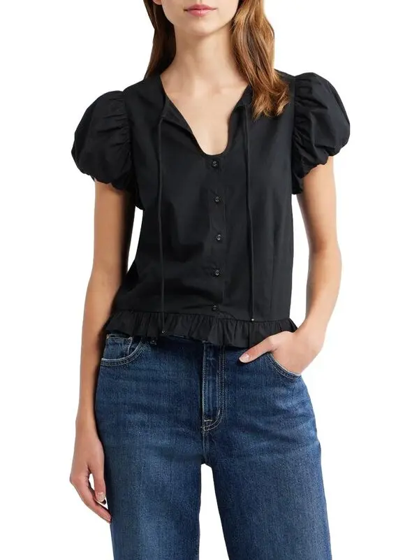 Love The Label Iridessa Keyhole Puff Sleeve Cotton Top - Black